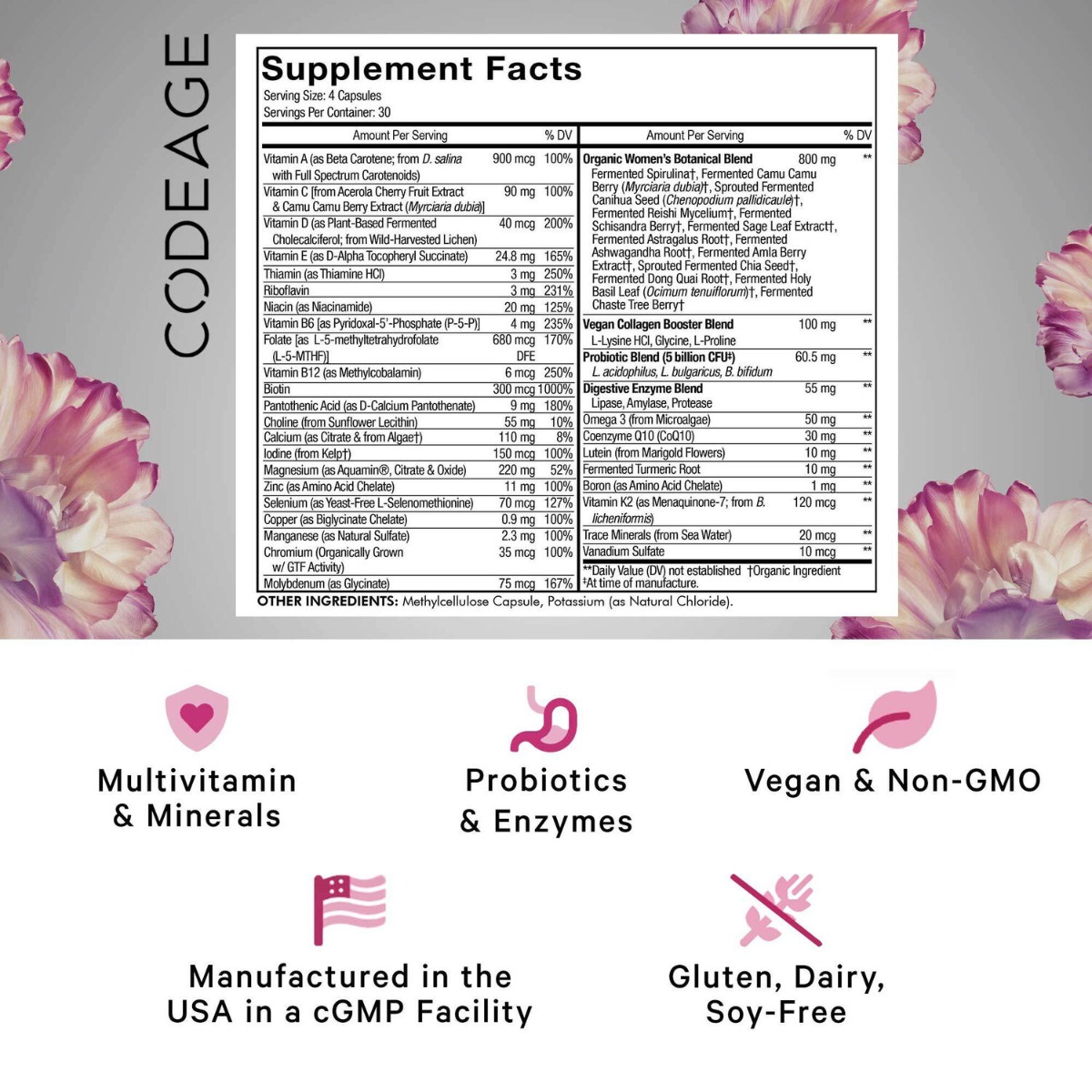 CodeAge Women's Fermented Multivitamin with CoQ10, Probiotics, Omega 3 ...