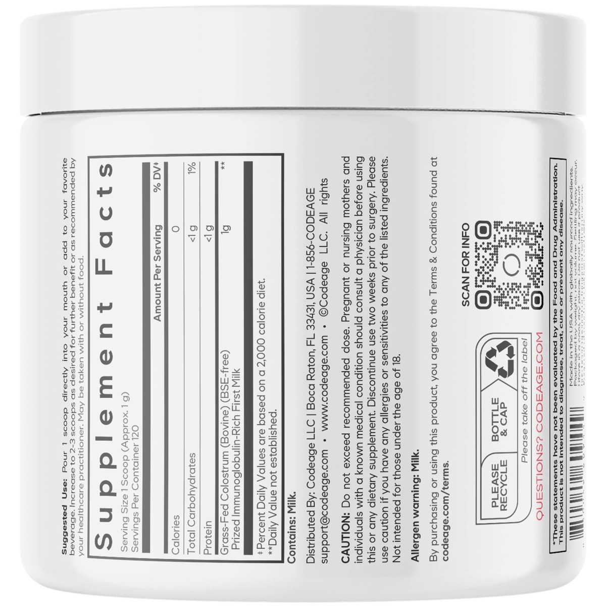 CodeAge Bovine Colostrum Powder Unflavored Immunoglobulin Rich ...